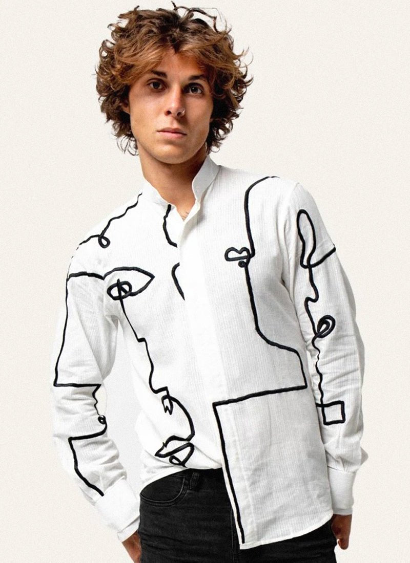 Linen and Cotton Nejjar Shirt - Black Embroidery
